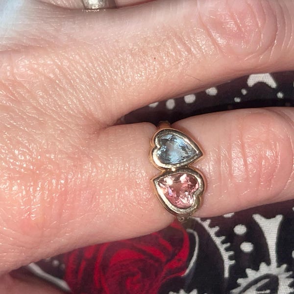 Double Heart Ring Natural Blue Aquamarine Pink Tourmaline Two Stone ...