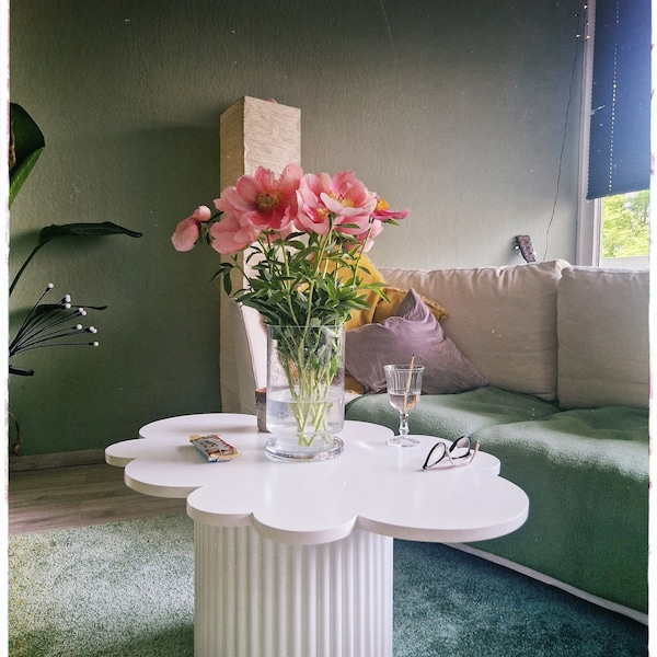 Round Fluted Table Wooden Fluted Table Creamy White Coffee Table Ribbed ...