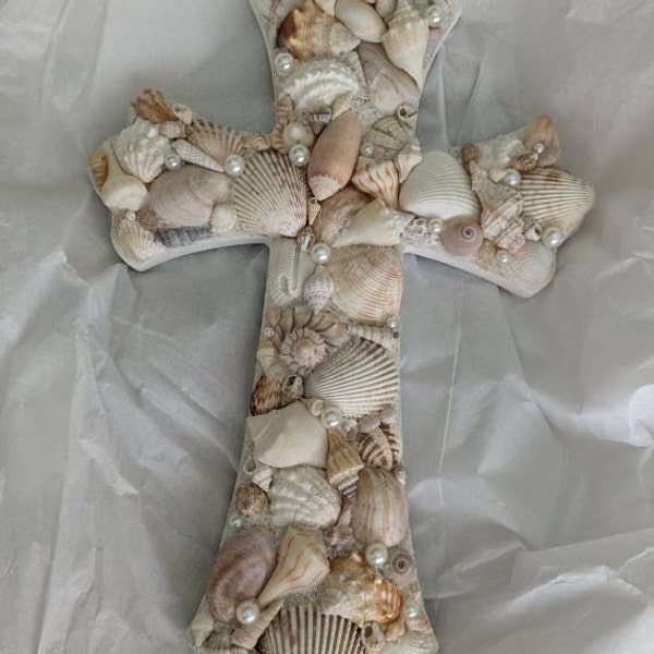 11.5” Seashell Cross With Rope - Easter Gift, Coastal Decor, Beach ...
