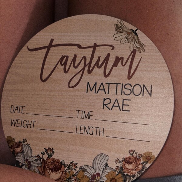 Floral Birth Stat Sign, Birth Announcement Plaque, Baby Name ...