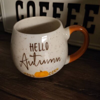 Hello Autumn Fall Orange Halloween Pumpkin Leaves Round Tea Coffee Mug ...