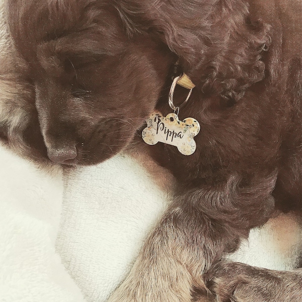 Yellow Floral Dog Tag, Rustic Dog Tag, Faux Wood ID, Cat ID Tag, Dog ID ...