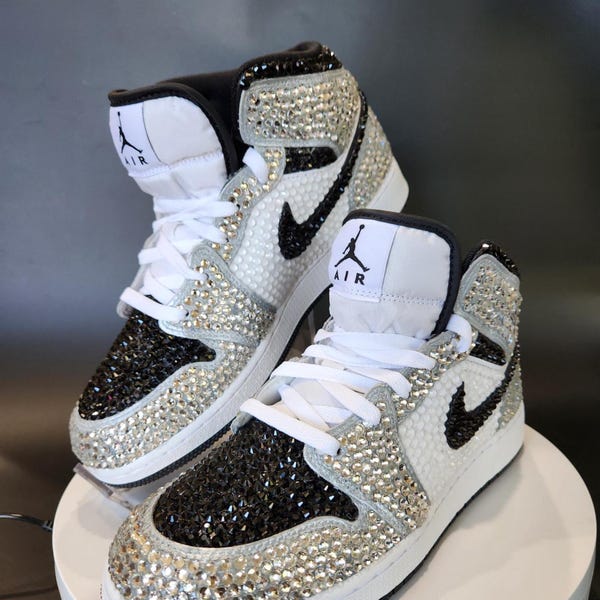 Fully Blinged Jordan 1 Mids- Silver Black White, Custom Rhinestone ...