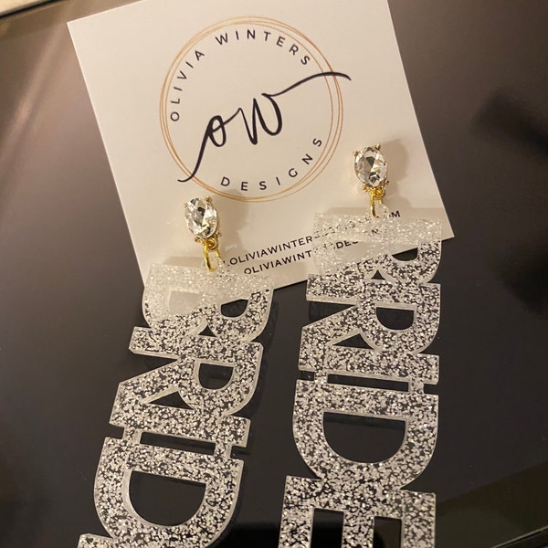 BRIDE White Glitter, Iridescent or White Pearl Acrylic Earrings on ...