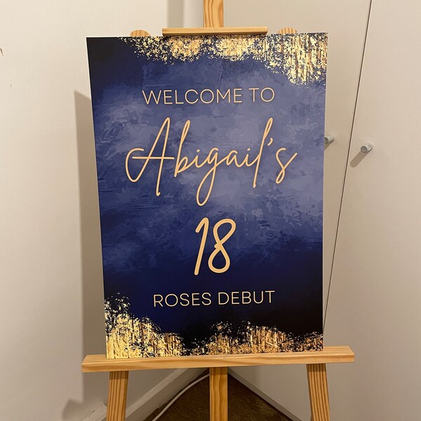 Navy Blue & Gold Welcome Board Sign | Personalised Birthday Board ...