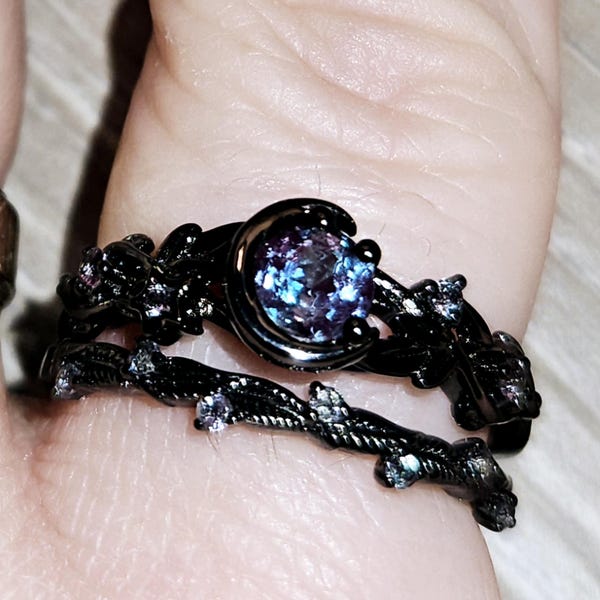 Black Gold White Opal Engagement Ring Set Branch Leaf Moonstone Wedding ...