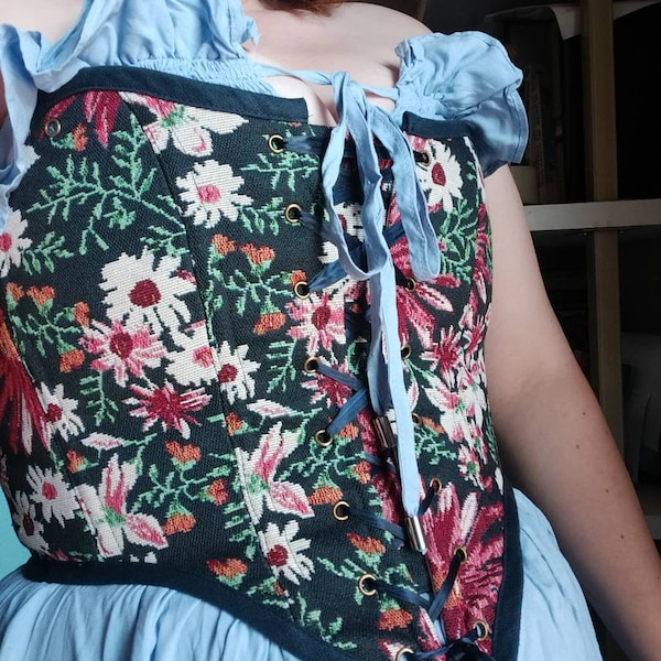 Dark Blue Floral Tapestry Corset | Renaissance Corset Bodice Stays ...
