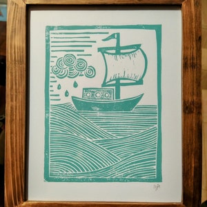 Sunset on the Ocean Hand-pressed Linocut Print 8x10 Minimal Textured Poster Metallic Gold Bronze ...