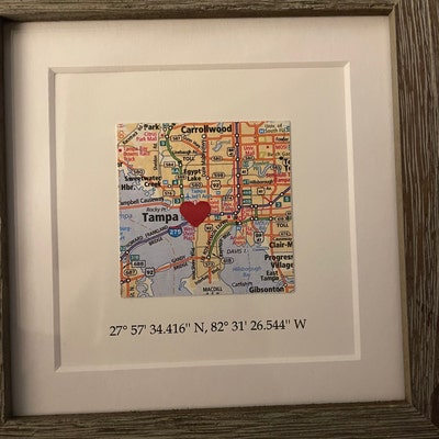 Framed Map & GPS Coordinates Custom Map Gift Latitude Longitude 5x5 ...