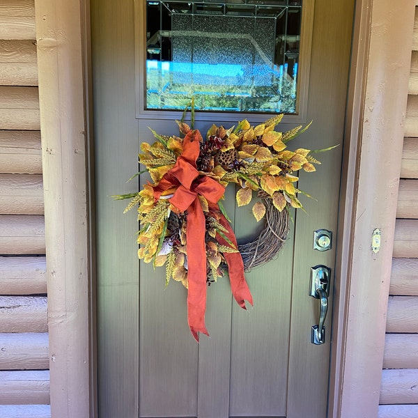 Fall Wreath, Fall Leaf Wreath, Fall Pod Wreath, Fall Rust Bow Wreath ...
