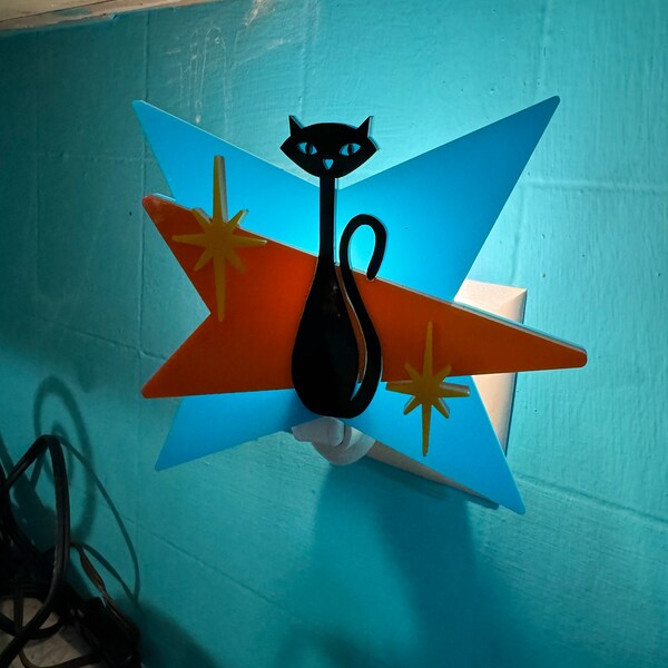 Mid Century Modern Night Light: Black Cat Acrylic Atomic Wall Decor - Etsy