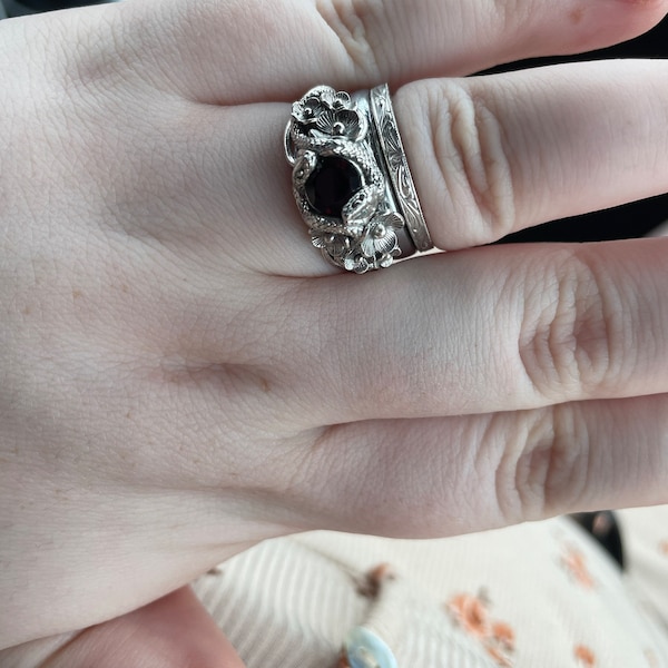 Garnet Snake and Flower Ring, Nature Inspired Ring, Magical Garden Ring ...