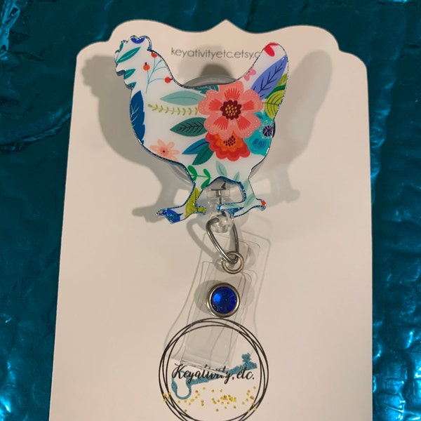 Chicken Badge Reel Pin Magnet • Floral Blue Hen Glitter Sparkles Cute ...