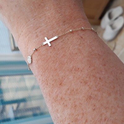 14K Solid Gold Cross Bracelet, Rosary Bracelet for Women, Miraculous ...
