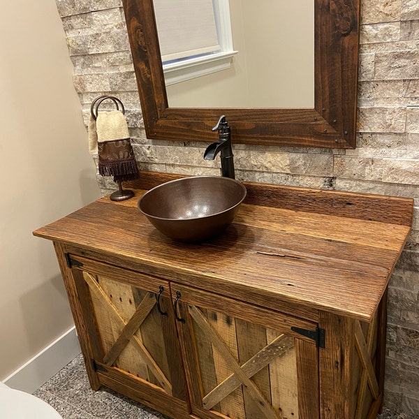 Rustic Barn Wood Vanity With Vessel Sink and Waterfall Faucet - Etsy