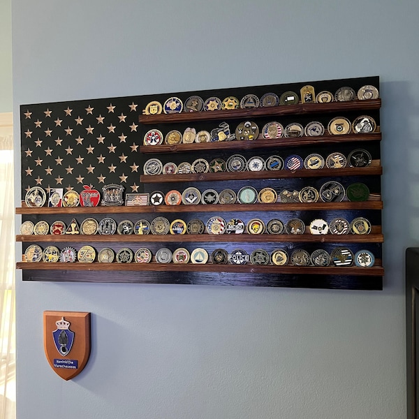 Subdued Wooden American Flag Challenge Coin Display, Holds 90-100 Coins ...