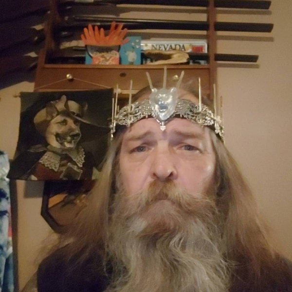Silver Wolf King Headpiece, Black Leather, Resin Center Wolf, Silver ...
