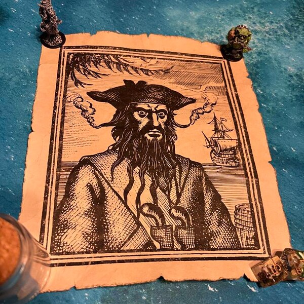 Smaller Blackbeard Edward Teach Wood Cut Print Aged Document Frame Not ...