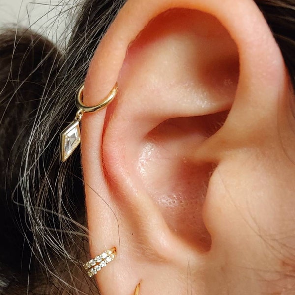 14K Solid Gold Dangle Charm Hoop Earring Dainty Drop Earring Dangle ...