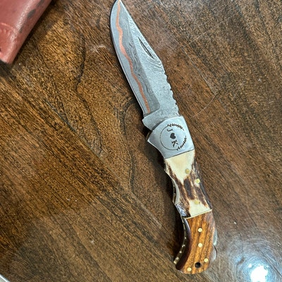 COPPER DAMASCUS HANDMADE Folding Knife, Copper Pocket Knife Ram Horn ...