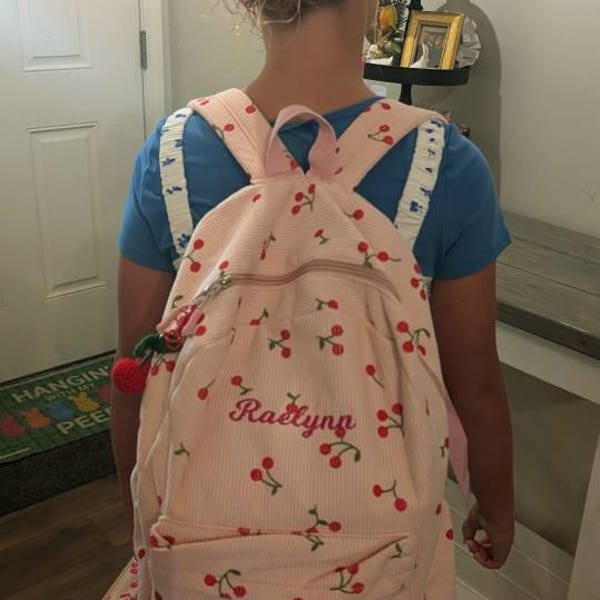 Personalized Cherries Corduroy Backpack, Custom Name Toddler School Bag ...