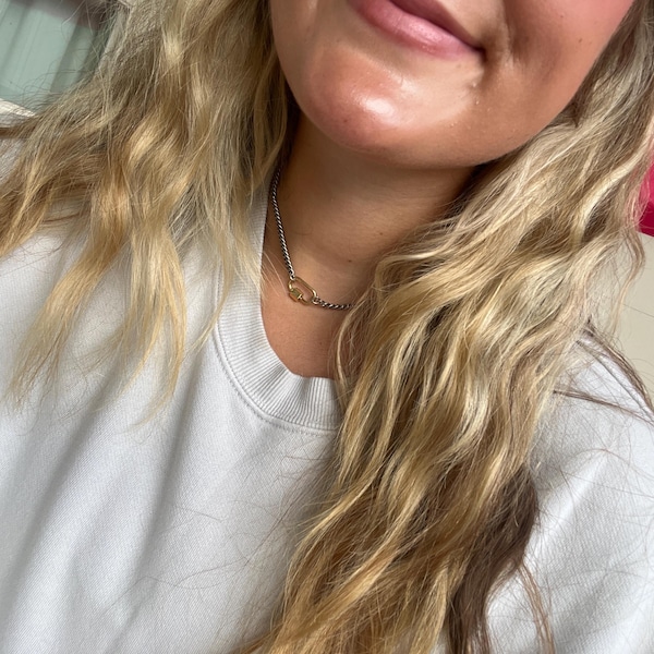 Silver Curb Chain Carabiner Necklace, Mixed Metal Necklace, Curb Chain ...