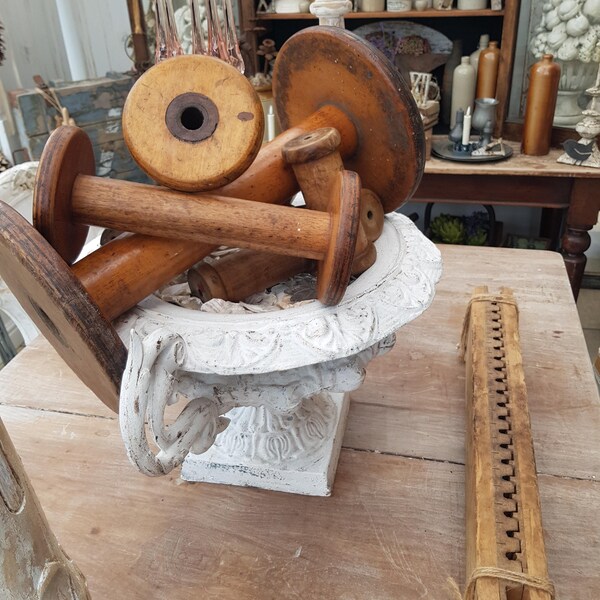 Vintage Antique Wooden Mill Bobbins, Metal Bound Original Patina ...