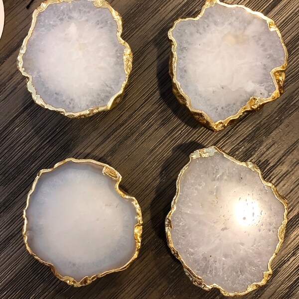 White Agate Coasters Set of 4 Gold or Silver Electroplated, Handmade ...