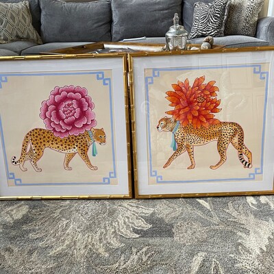 Two Art Prints Chinoiserie Cheetah and Leopard With Asian Peony and ...