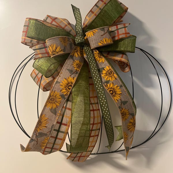 Pumpkin Fall Bow With Green and Copper Ribbon, Autumn Wreath Bow for ...