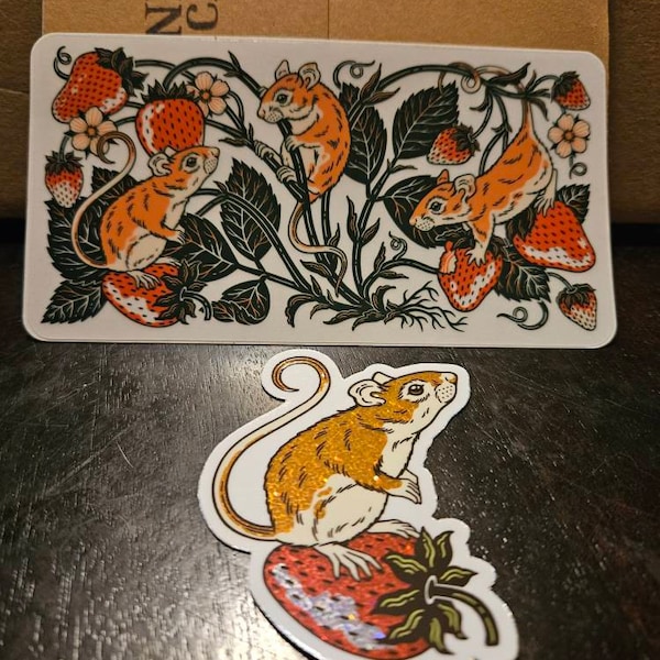 Strawberries & Mice Sticker - Large Vinyl 6x3 Inch Sticker - Cottage ...