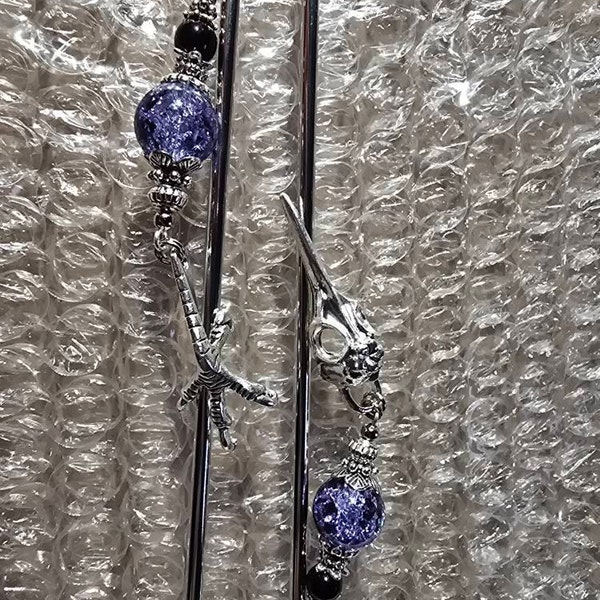 Single or Set of Raven Hair Sticks, Metal Bird Skull and Claws Hairpins ...