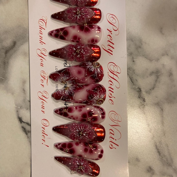 Hand-painted Red Flowers Press on Nails, Summer Colour 3D Floral Nail ...