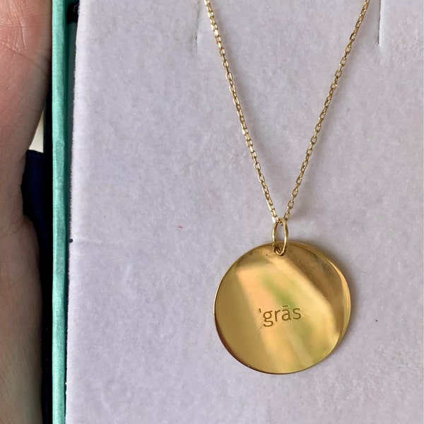 14K Solid Custom Engrave Disk Necklace, Personalized Dainty Solid Gold ...