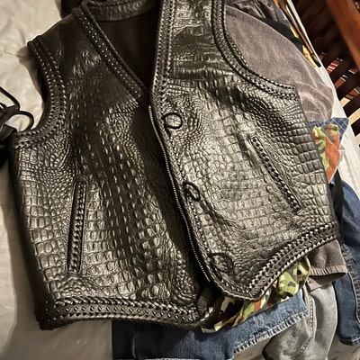 Gator Embossed Leather Vest for Bikers. 100% Handcrafted Vest. Hand ...