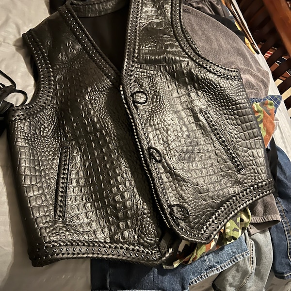 Gator Embossed Leather Vest for Bikers. 100% Handcrafted Vest. Hand ...