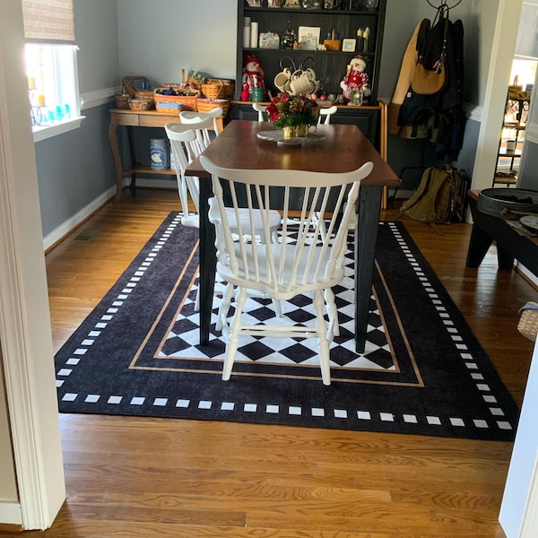 Checkered Rug, Black Border on Check Pattern Nonslip Area Rug, Black ...