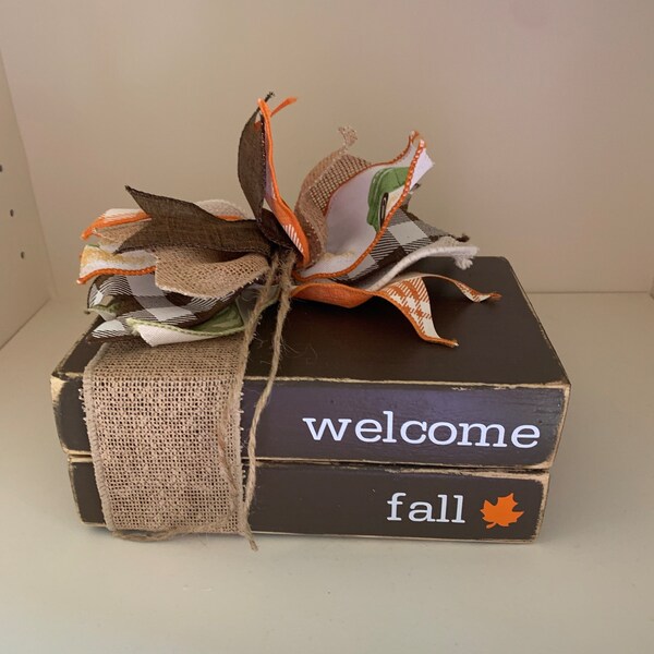 Fall Farmhouse Book Stack, Farmhouse Wooden Decoration, Welcome Fall ...