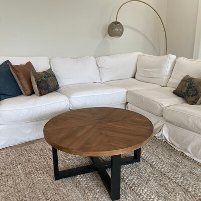 Round Rustic Wood Herringbone Pattern Coffee Table With Black Wood Legs ...