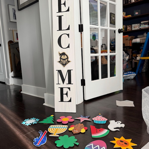 Wood WELCOME Sign, Interchangeable O Attachment Pieces, Large Vertical ...