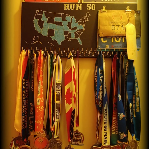50 States Medal Holder With Race Bib Holder Clips and 50 Hooks on ...