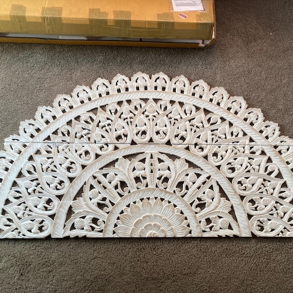 Large White Lotus Carved Wood Panel 72" Teak Headboard Wall Art Mandala ...