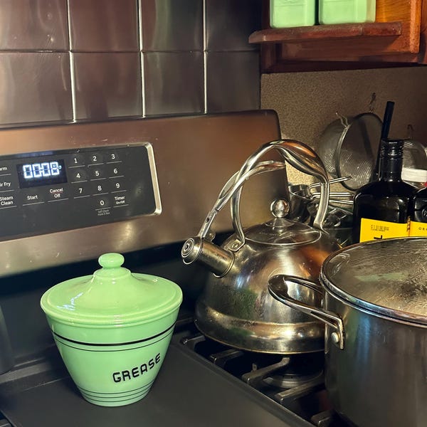 Jadeite Green Depression Style Glass Grease Jar With Lid, Black Band ...