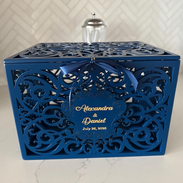 Navy Wedding Card Box With Slot Lock Wedding Money Box Rustic Card Box ...