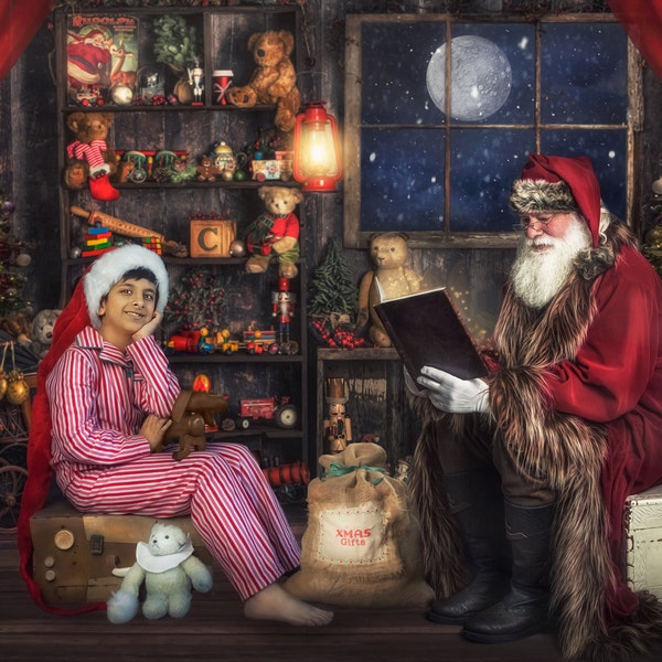 Old World Santa Digital Backdrop, Santa Reading a Book in Santa's ...