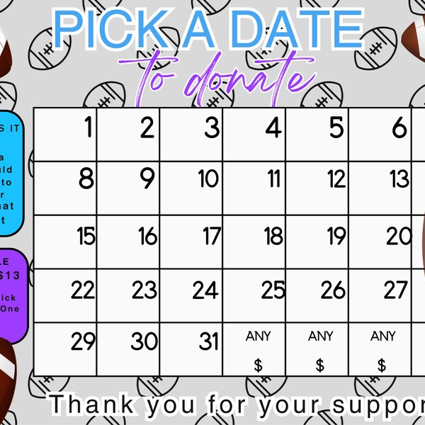 Editable Football Fundraiser Calendar, Pick A Date to Donate, Football ...