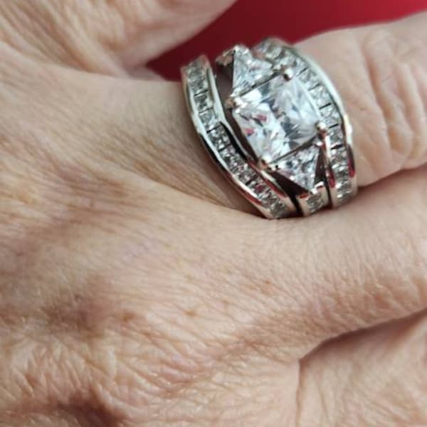 4 Ct Princess Cut Engagement Ring Double Band Wedding Ring Set Diamond ...