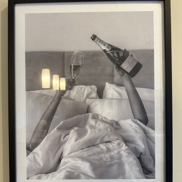 Woman Drinking Wine in Bed, Black and White Poster Print - Etsy