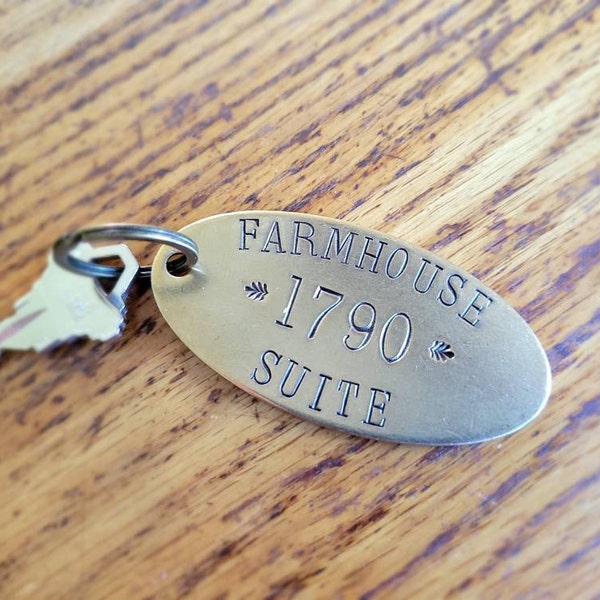 Custom Hand Stamped Hotel Room Key Tags - Brass Key Chain Fob - Brass ...