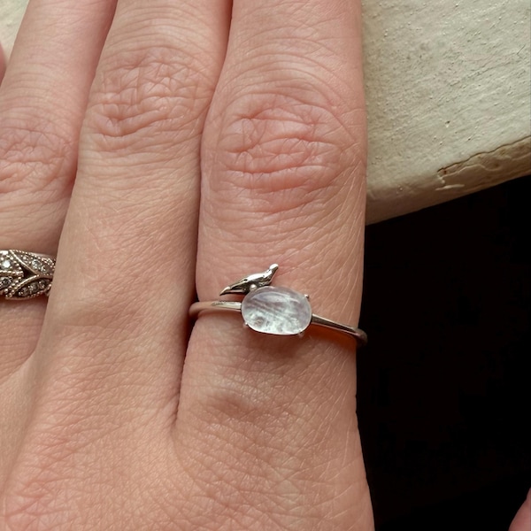 Dainty Sterling Silver and Moonstone Bird Ring Swallow Crow Sparrow ...